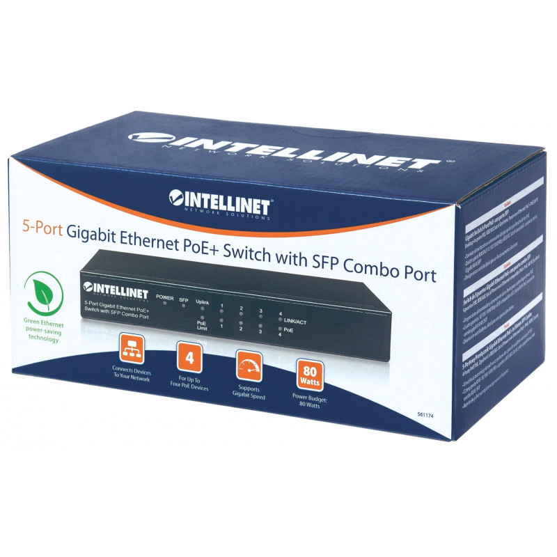 Intellinet 5-Port Gigabit Ethernet PoE+ Switch with SFP Combo Port, 4 x ...