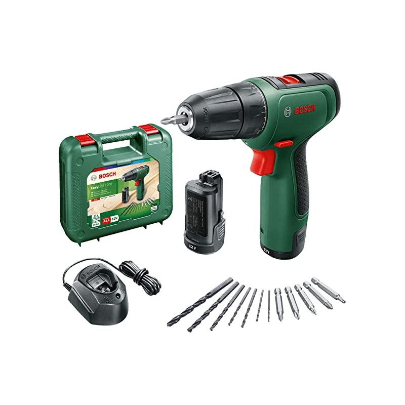 Bosch Cordless drill EasyDrill 1200 + bit and drill set (green/black ...