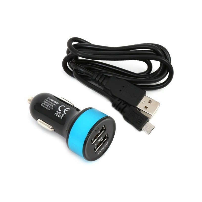 Omega car power adapter 2xUSB + cable, light blue (42543) - USB ...